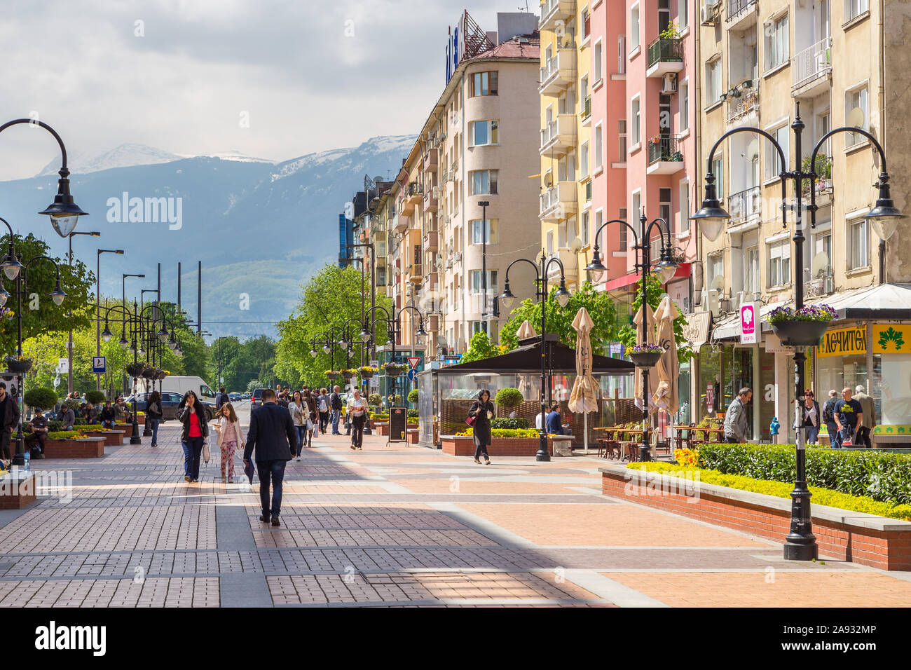 Sofia, Bulgaria- 30 April: Promenade at Vitosha Boulevard. Pedestrian zone in the center of the ...