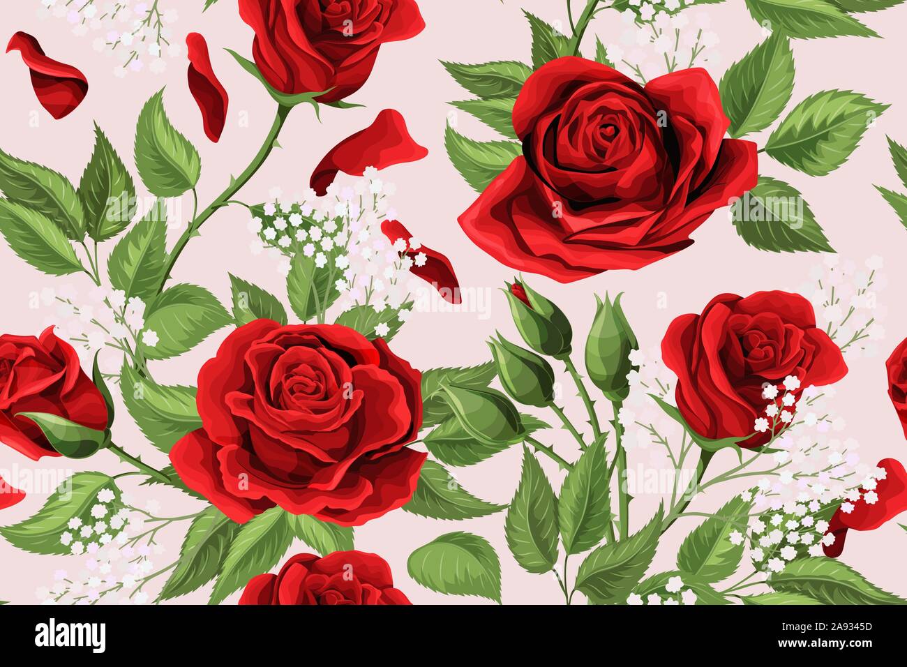 Red rose bouquets and green leaves seamless pattern. Floral elements ...
