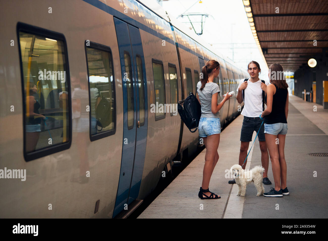 Friends on train station Stock Photo - Alamy
