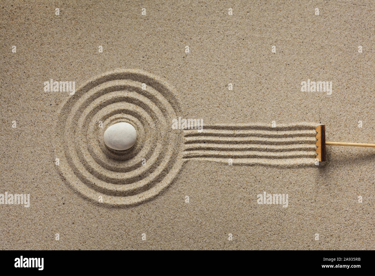 A rake in a zen rock garden, preparing the sand Stock Photo - Alamy