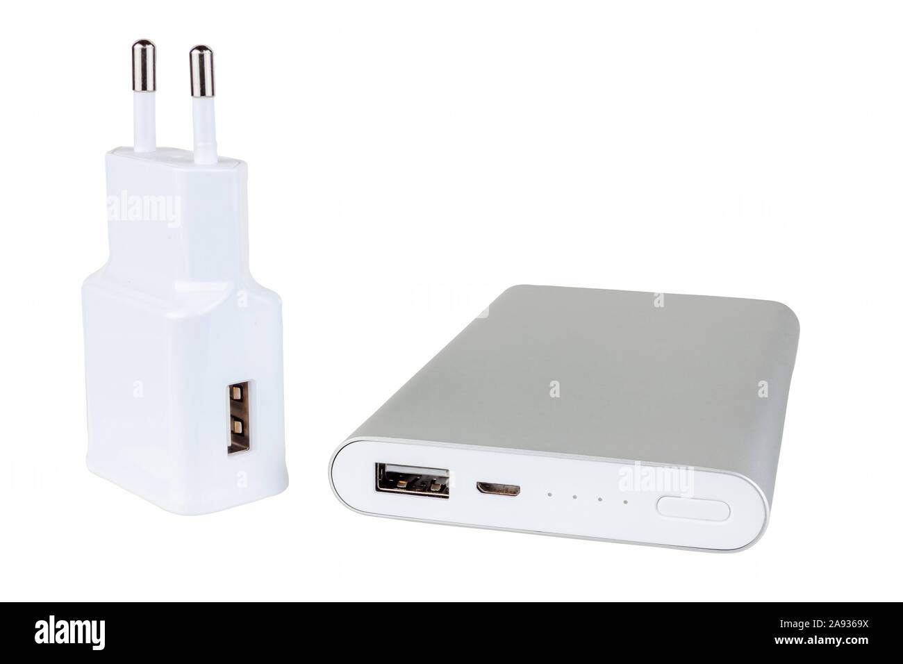 Powerbank and charger closeup on a white background Stock Photo - Alamy
