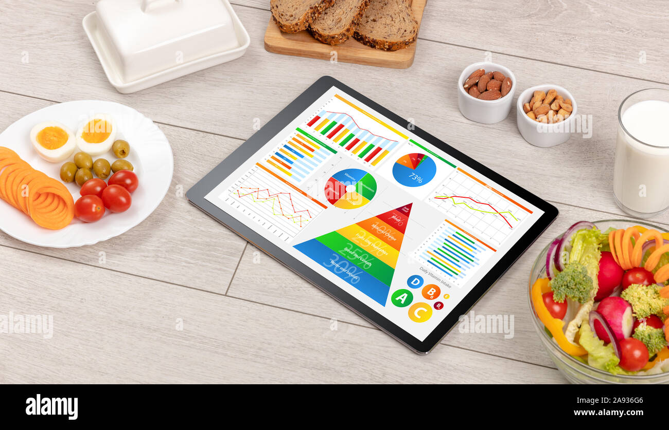 healthy eating concept - close up of tablet with several dieting ...