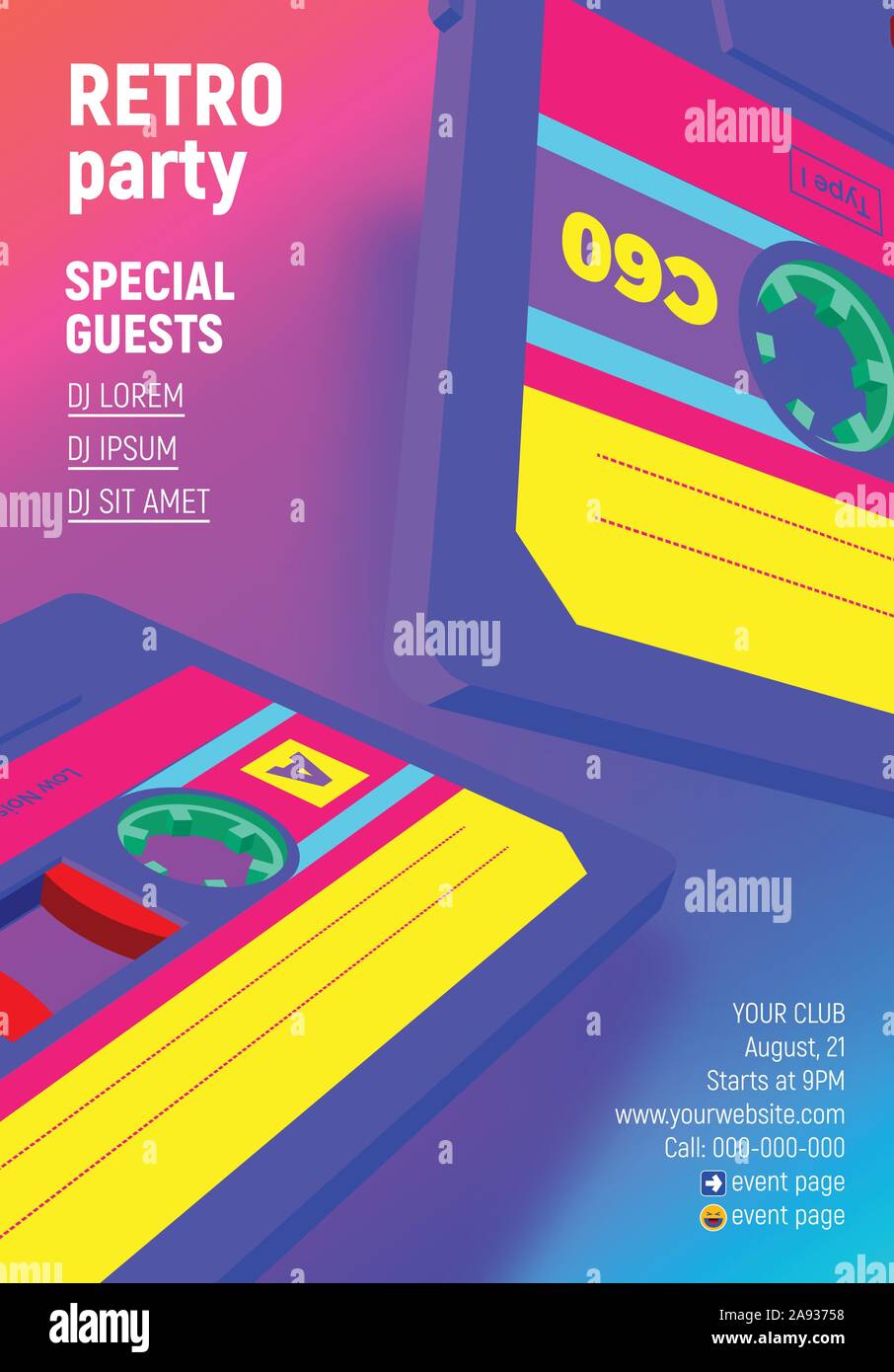 Compact cassette poster with vibrant retro 80s styled party invitation ...