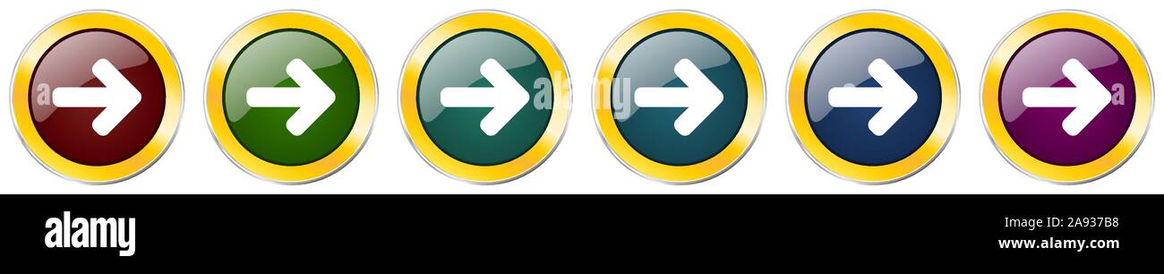 Right arrow glossy icon set, silver metallic golden vector ...