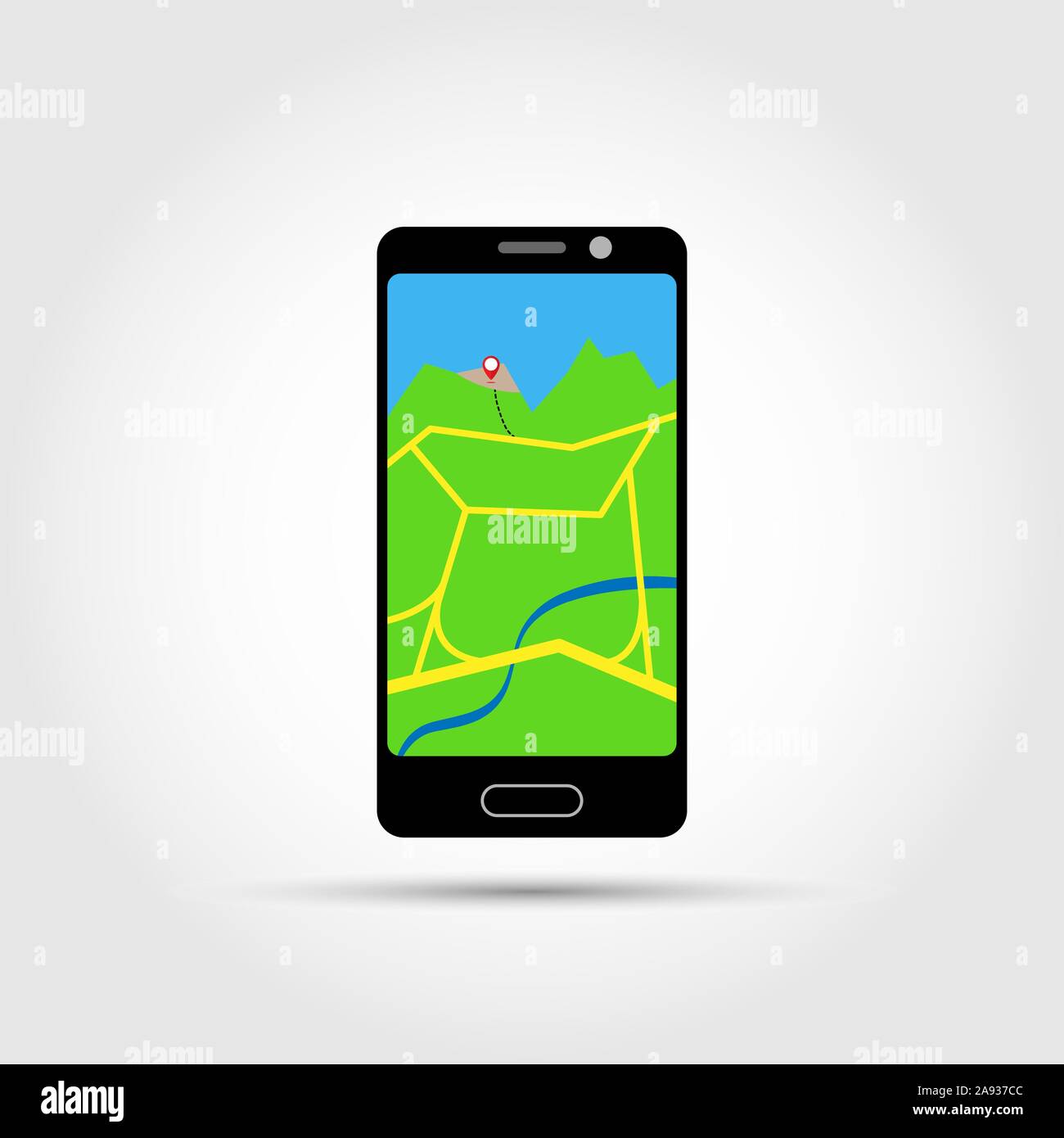 Smartphone with a map of the area and a red point of geolocation Stock ...