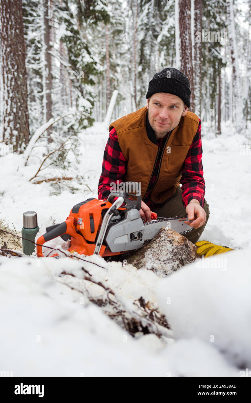 Lumberjack in forest Stock Photo - Alamy