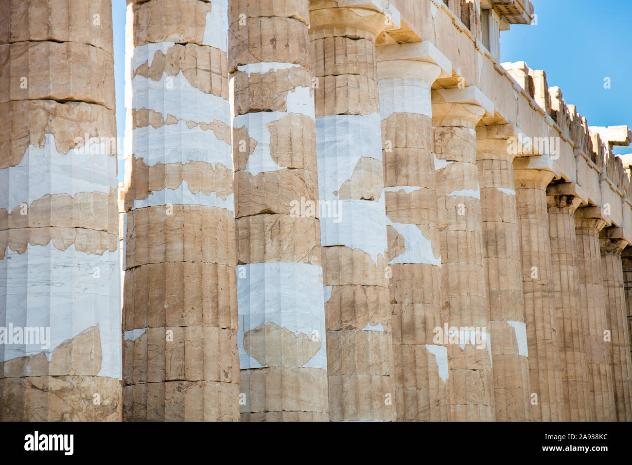 Closeup of columns/colonnade of the Parthenon, atop the Acropolis in ...