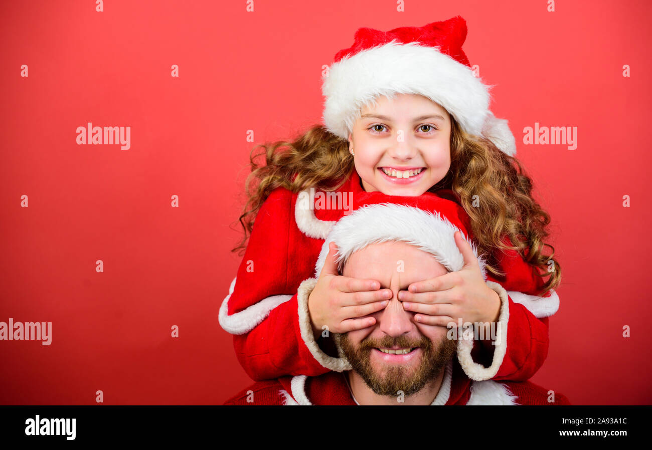Girl child and bearded father wear santa costume. How to be santa claus ...