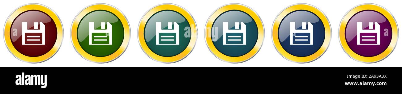 Disk glossy icon set, silver metallic golden vector illustrations in 6 ...