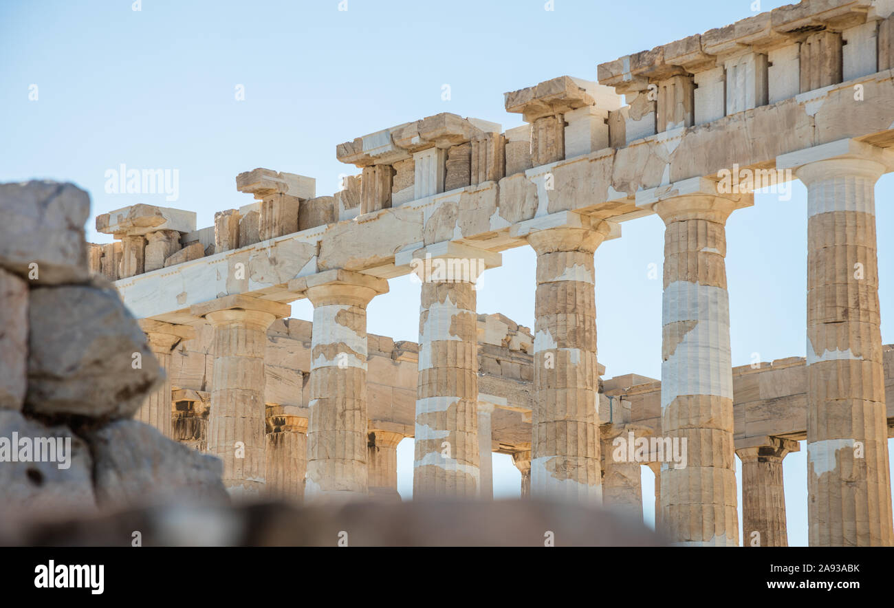 Closeup of columns/colonnade of the Parthenon, atop the Acropolis in ...