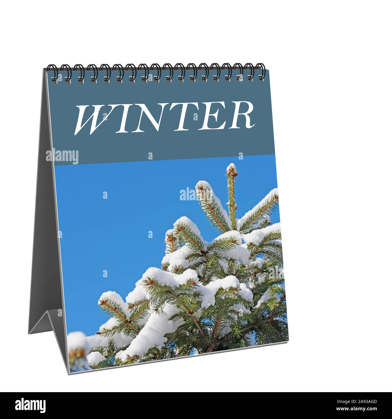 Desk calendar with winter picture, isolated in front of white ...