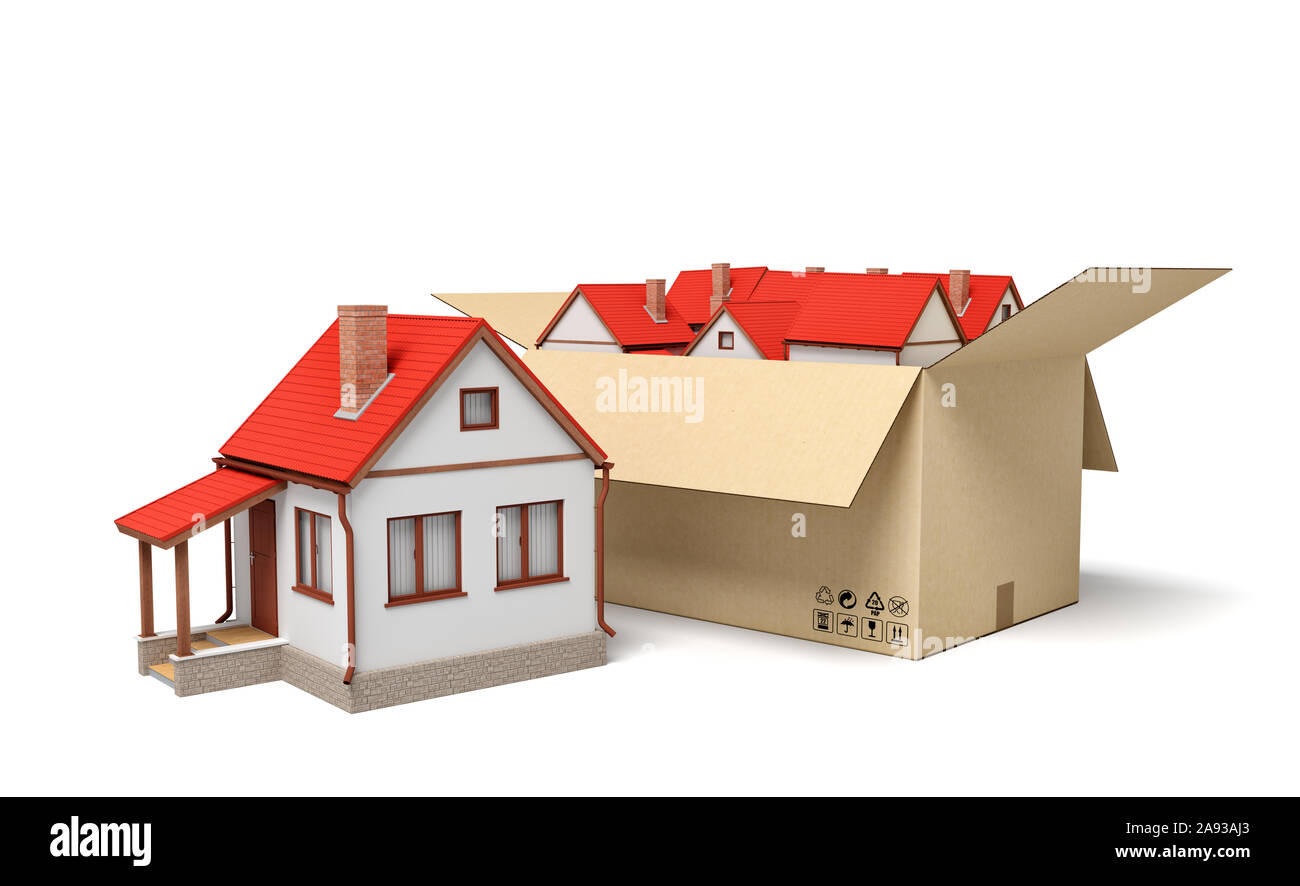 3d rendering of detached houses in carton box Stock Photo - Alamy