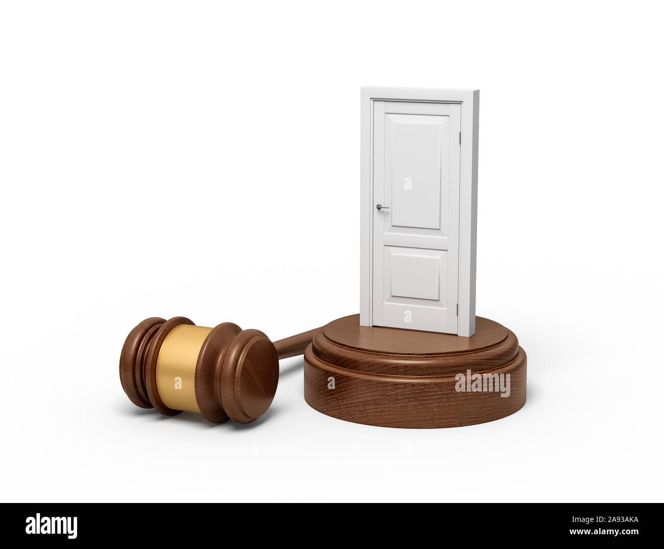 3d rendering of white doorway on round wooden block and brown wooden ...