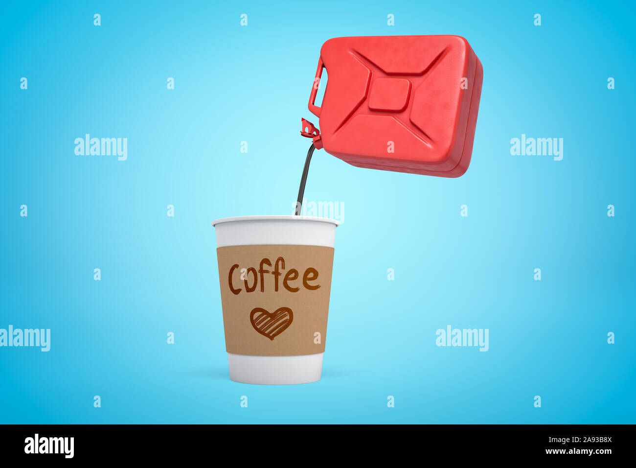 3d rendering of red gasoline can with black liquid pouring into paper ...