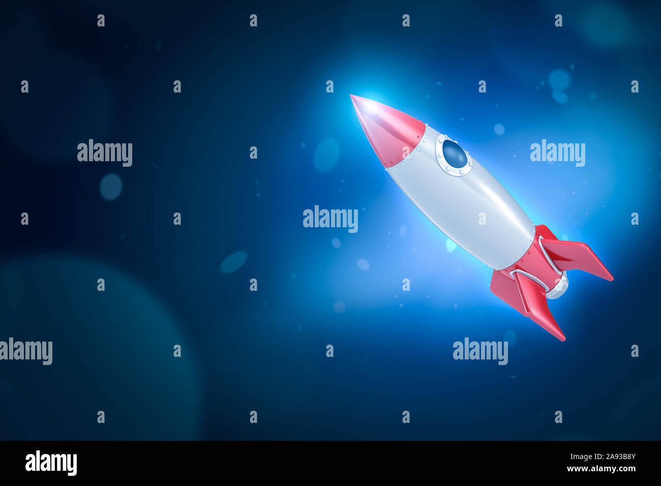 3d rendering of silver red space rocket on dark neon blue background ...