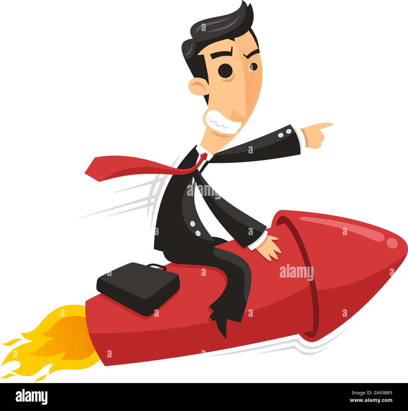Confident BusinessMan riding space rocket breaking ground, vector ...