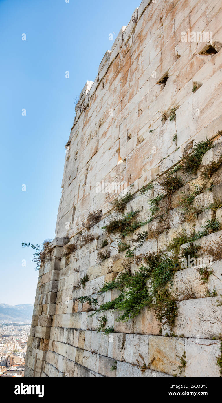 Marble retaining wall of the ancient Acropolis, Athens, Greece Stock ...