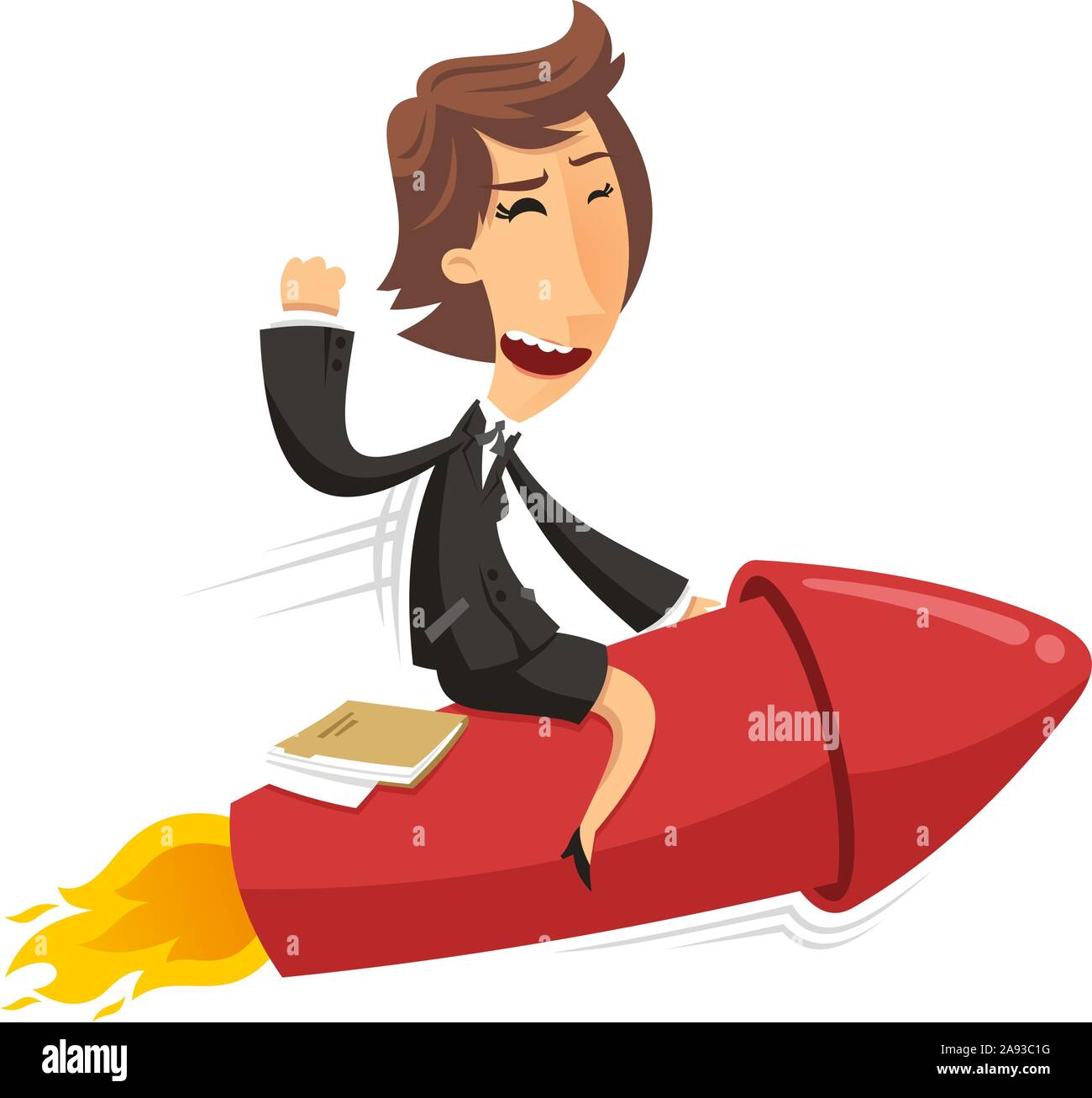 Confident BusinessWoman riding space rocket breaking ground, vector ...