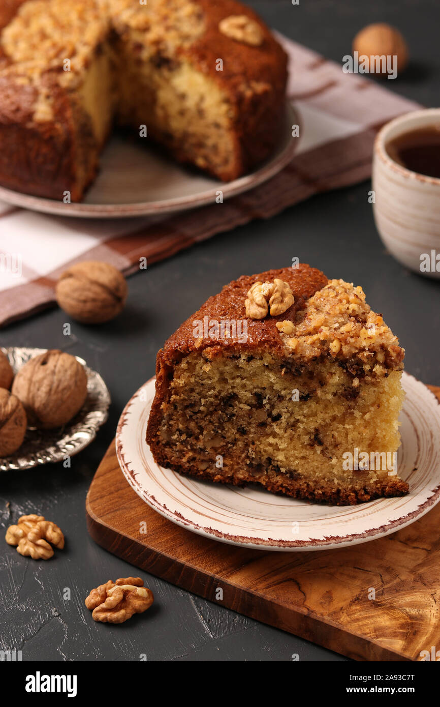 American homemade nutty cake is located on a dark background Stock ...