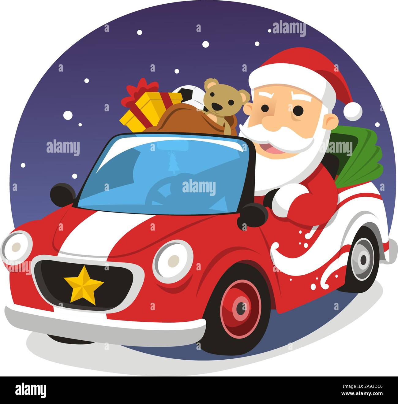 Santa Claus driving sports car delivering presents, vector illustration ...