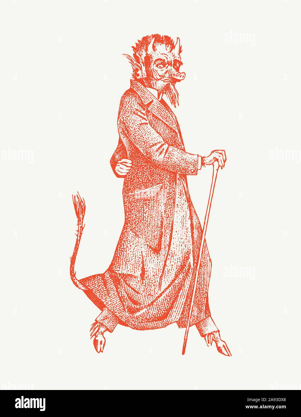 Damn or demon with horns and pork nose in vintage style. Mystical ...