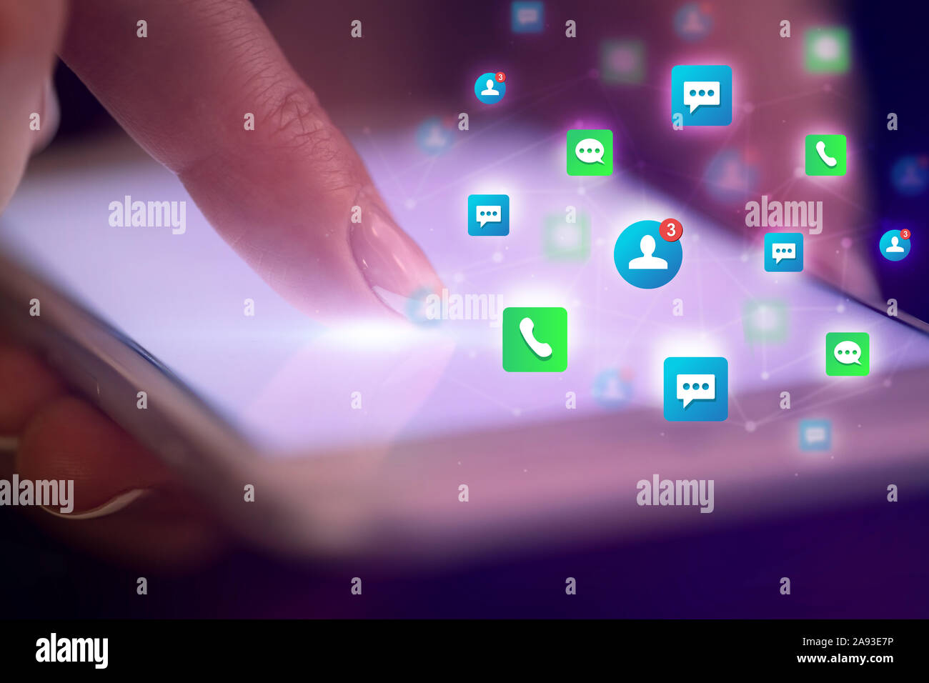 Finger touching phone with friends and contact concept and dark ...