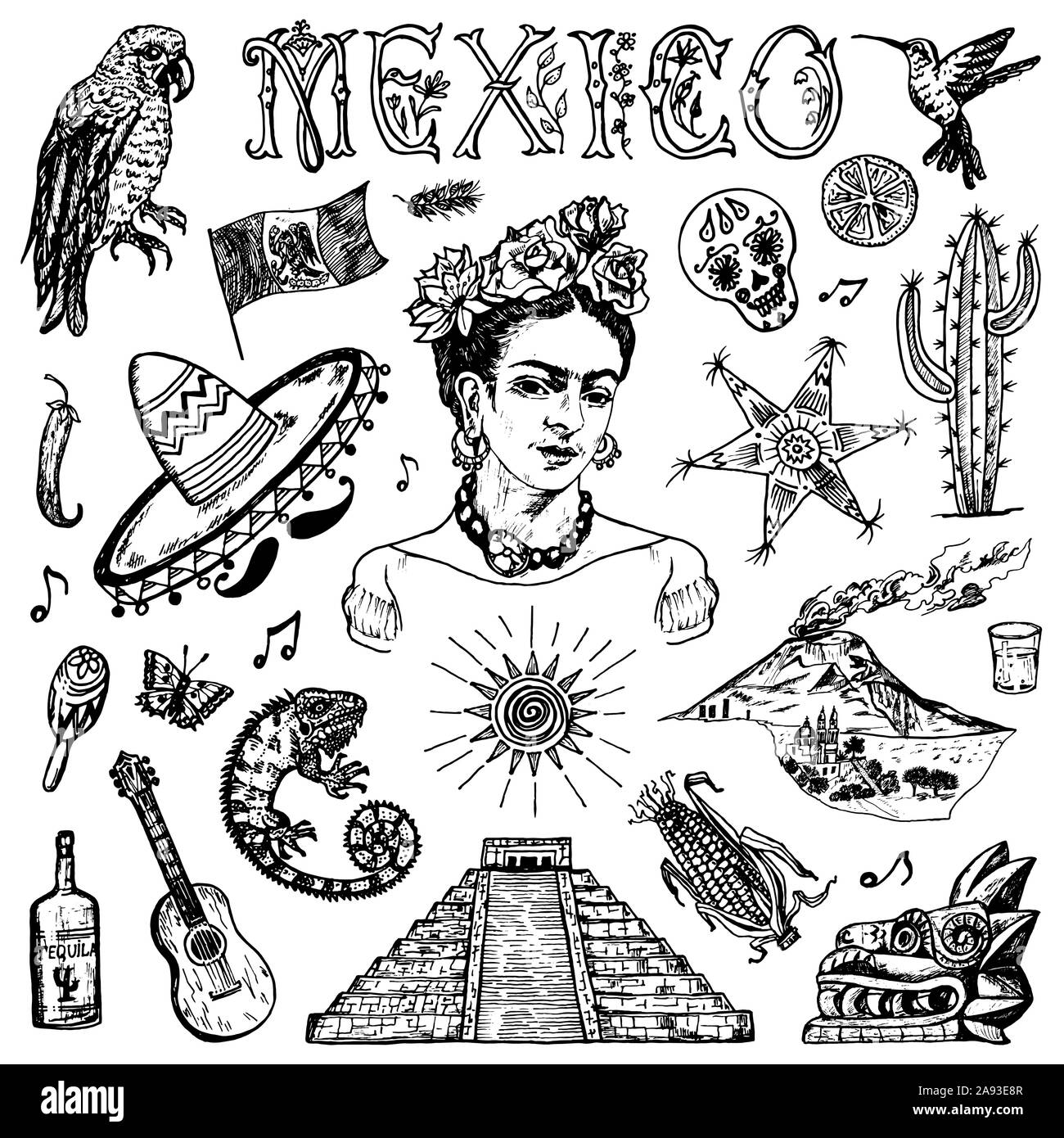 Mexico set in vintage style. Traditional national costume on a woman, animals, plants and ...