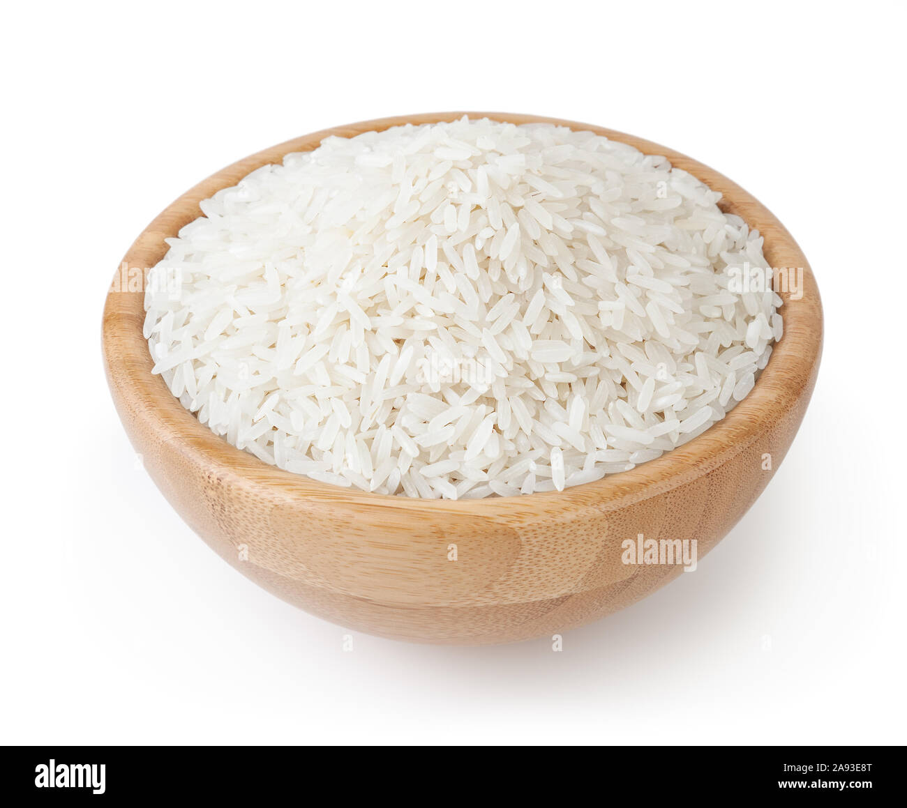 White long-grain rice in wooden bowl isolated on white background with ...