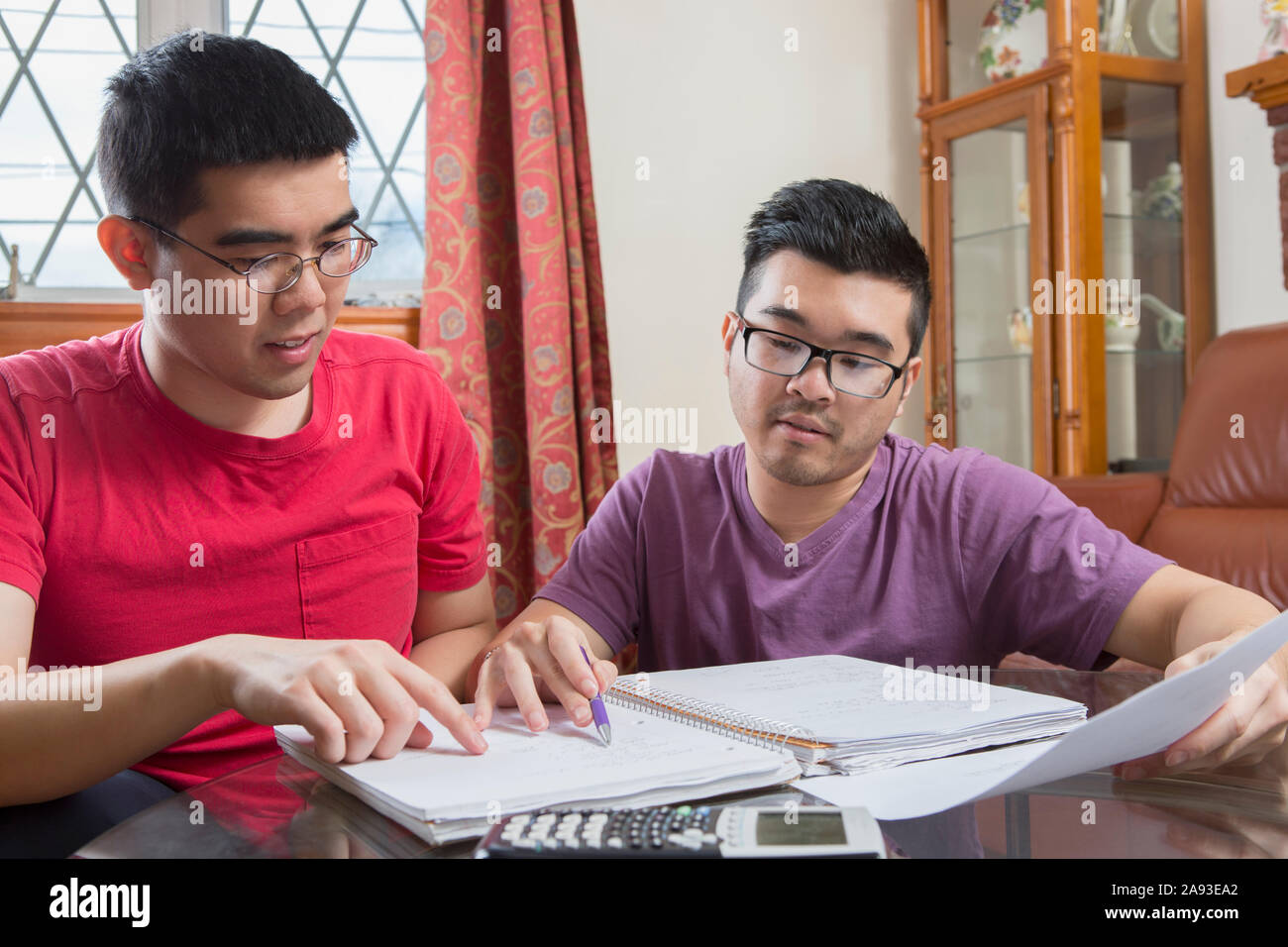 Asian man with Autism working on his homework with his brother Stock ...