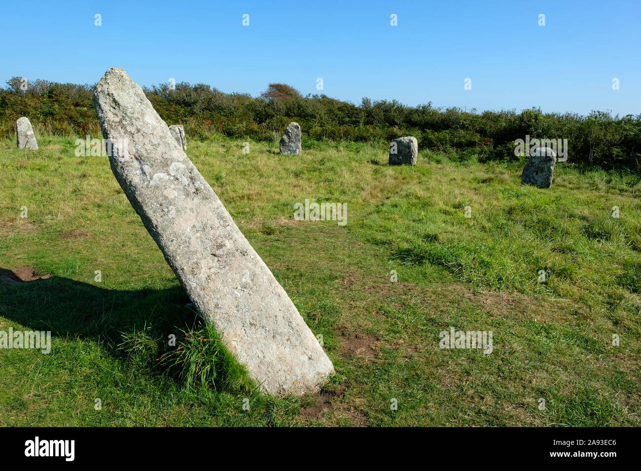 The ancient stone circle, Boscawen-Un near St. Buryan, West Cornwall ...