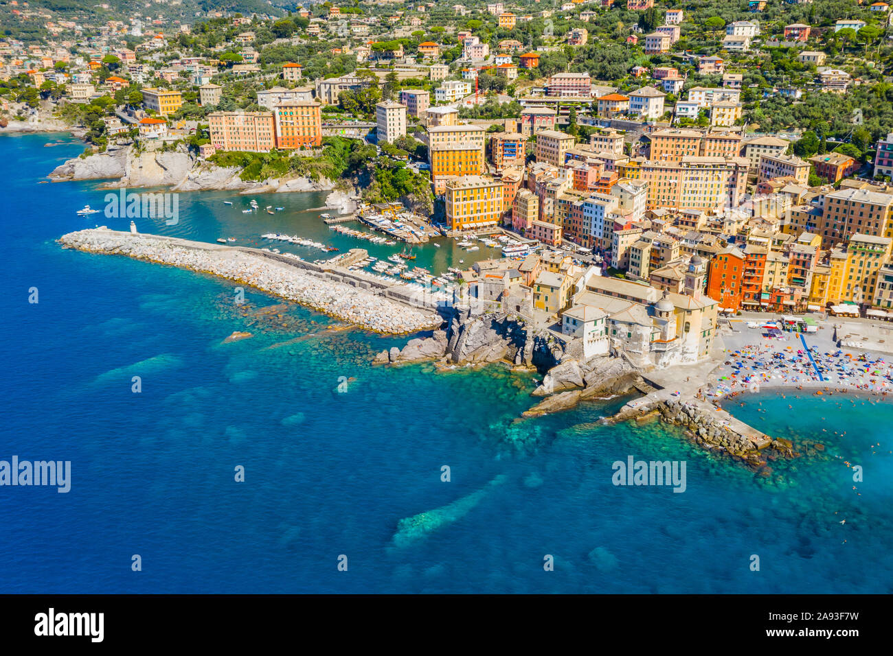 Aerial view of Camogli. Panorama of Castle della Dragonara and Basilica ...