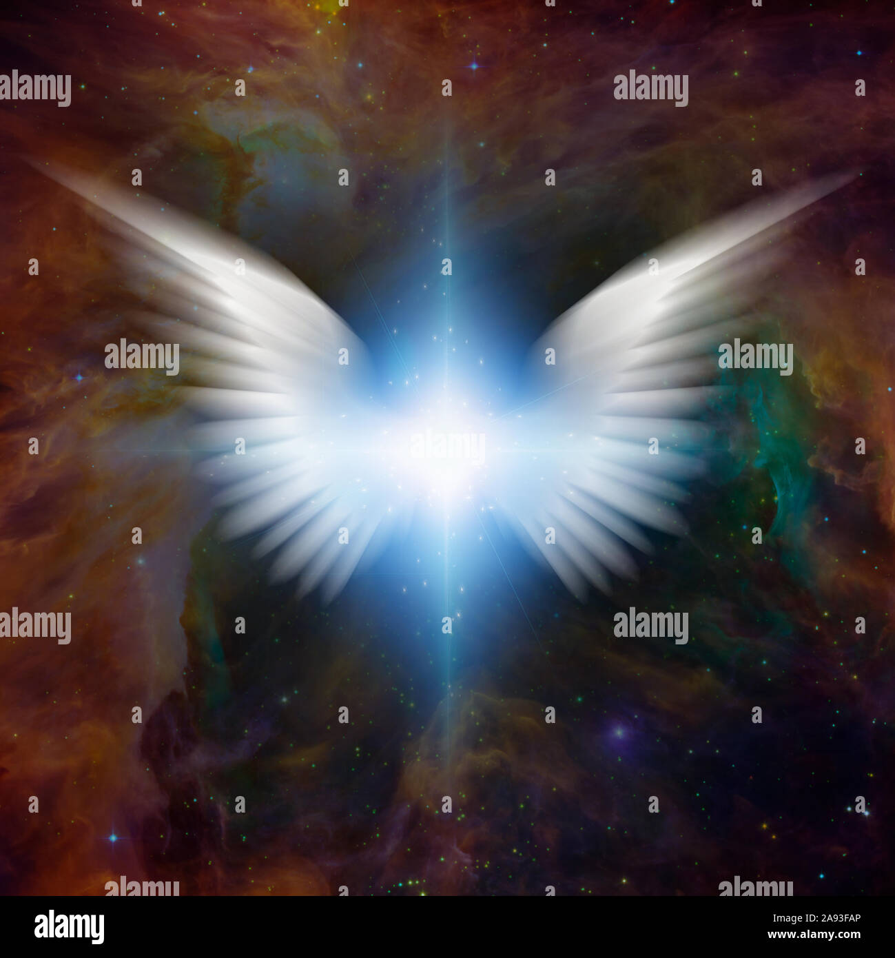 Surreal digital art. Bright star with white angel's wings in vivid ...