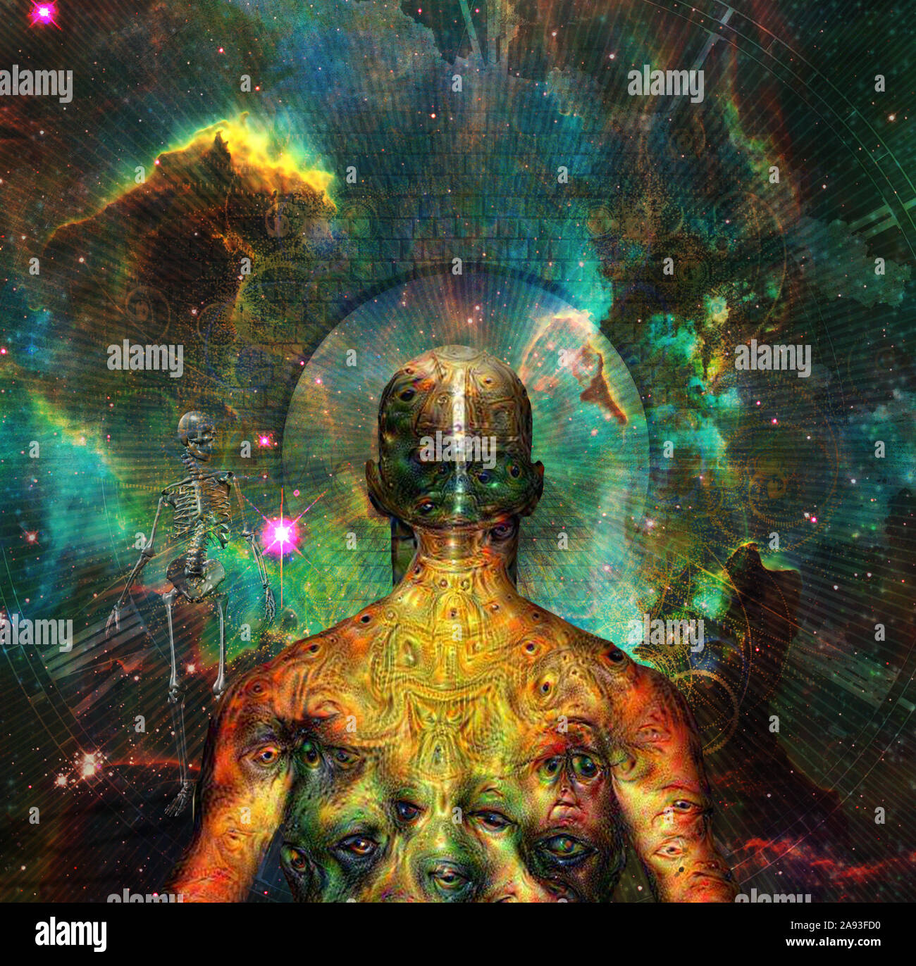 Surrealism. Figure of man with weird demonic eyes on his skin stands ...