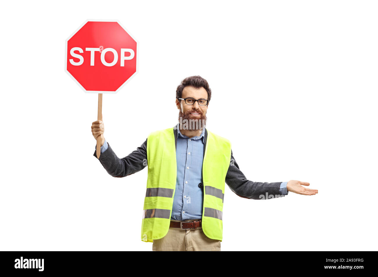 Bearded man with a safety vest holding traffic stop sign and showing a ...