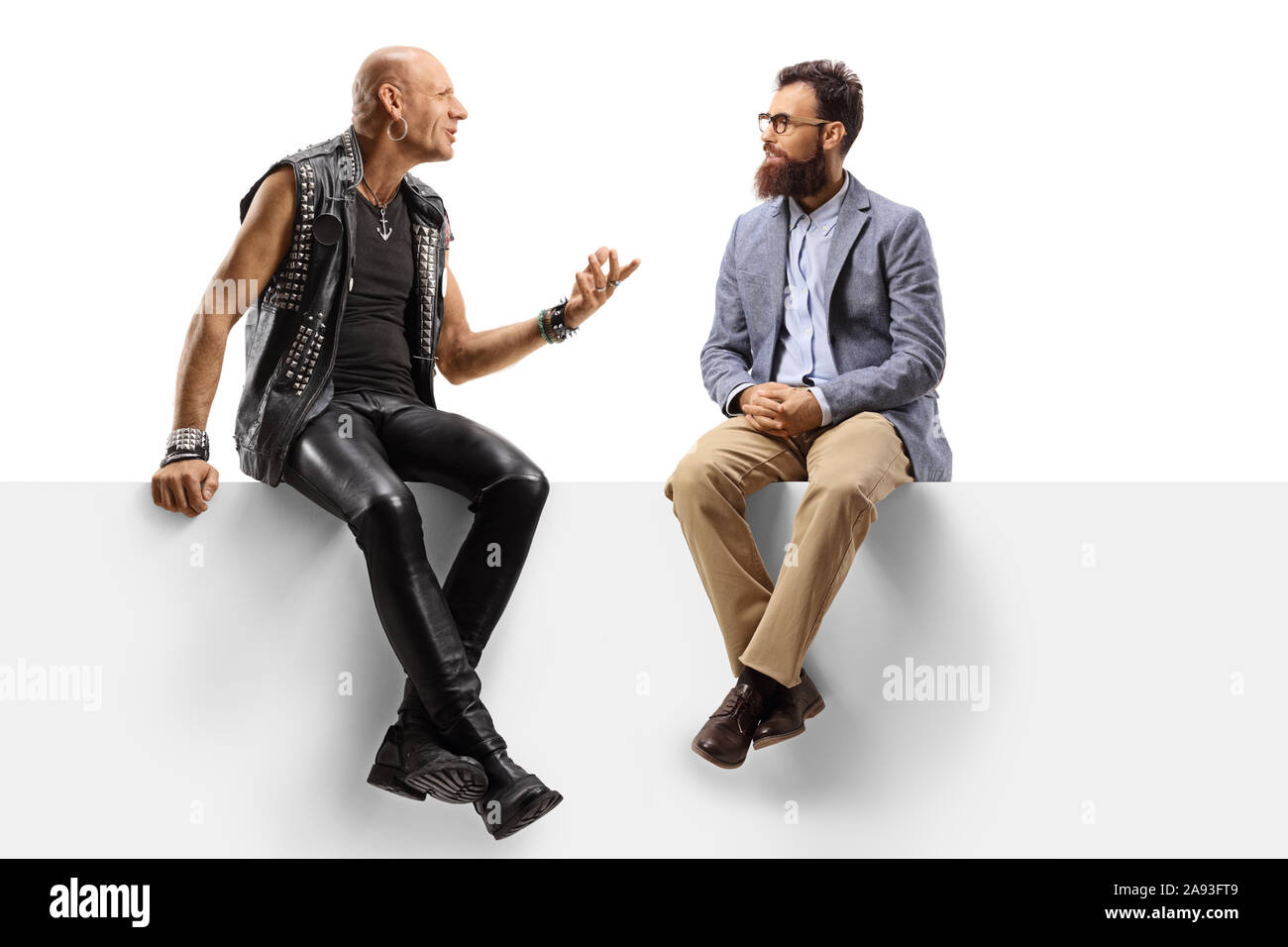 Full length shot of a bearded man listening to a punk talking on a ...