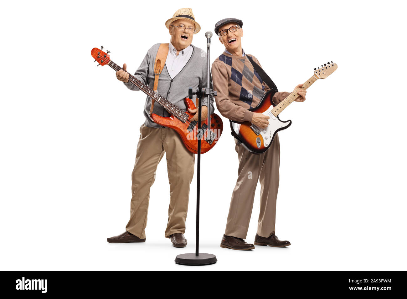 Full length portrait of two elderly gentlemen playing guitars and ...