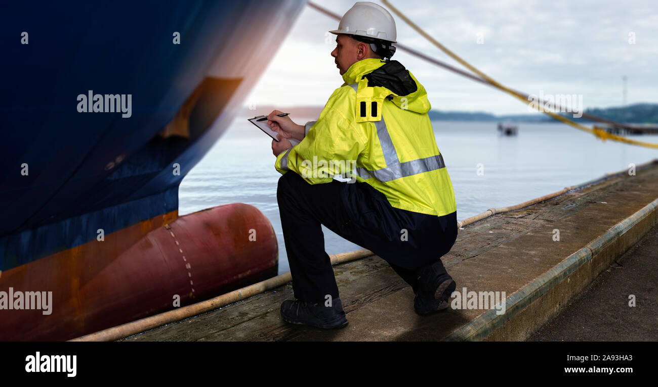 Ship supervisor engineer inspector stands at the dockside in a port ...