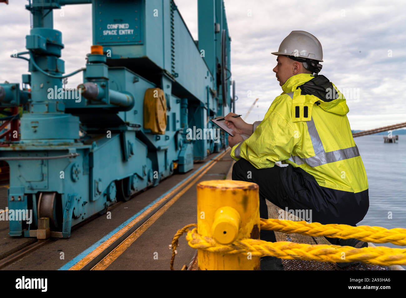 Ship supervisor engineer inspector stands at the dockside in a port ...