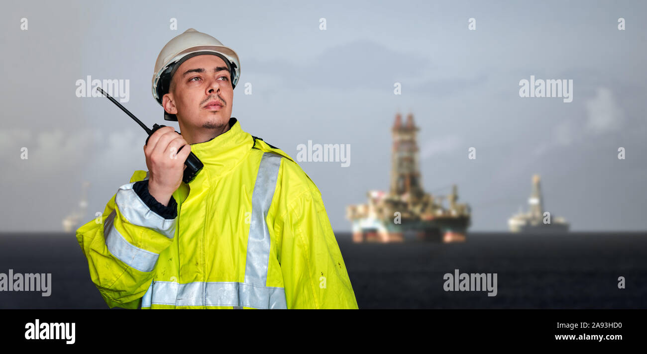 Ship supervisor engineer inspector stands at the dockside in a port ...