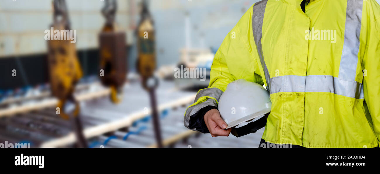 Ship supervisor engineer inspector stands at the dockside in a port ...