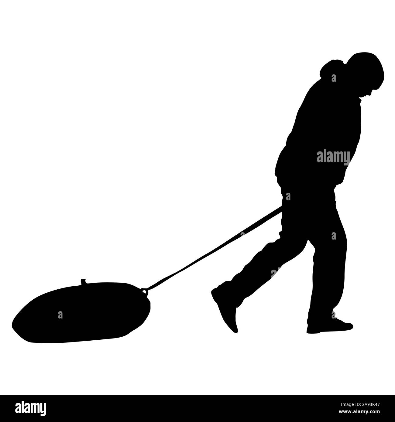 Silhouette of man and having fun inflatable rubber tube sled on white ...