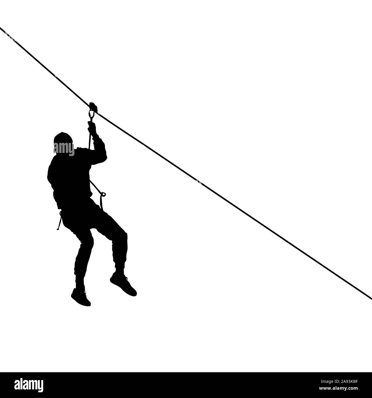 Black silhouette extreme rope descent attraction, man descends down the ...