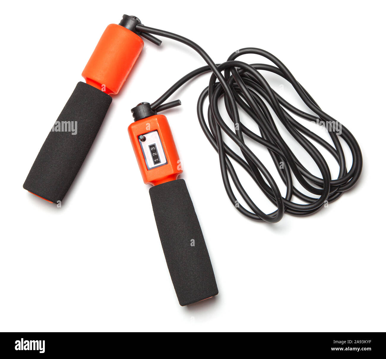 Jump rope. Fun exercises for body health. Orange rope with jump counter ...