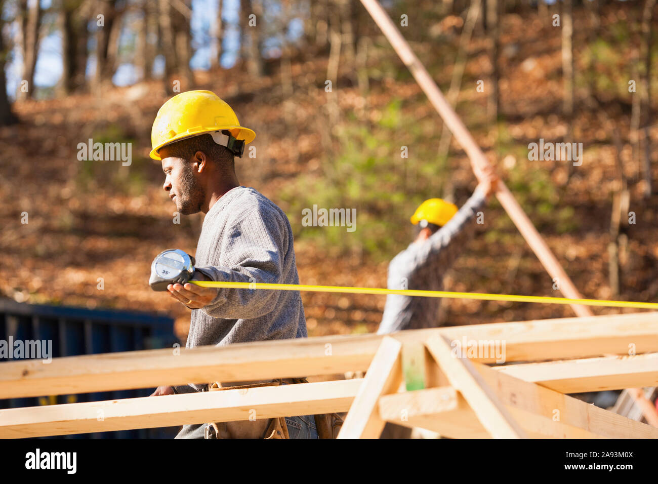 Carpenter measuring board length for house construction Stock Photo - Alamy