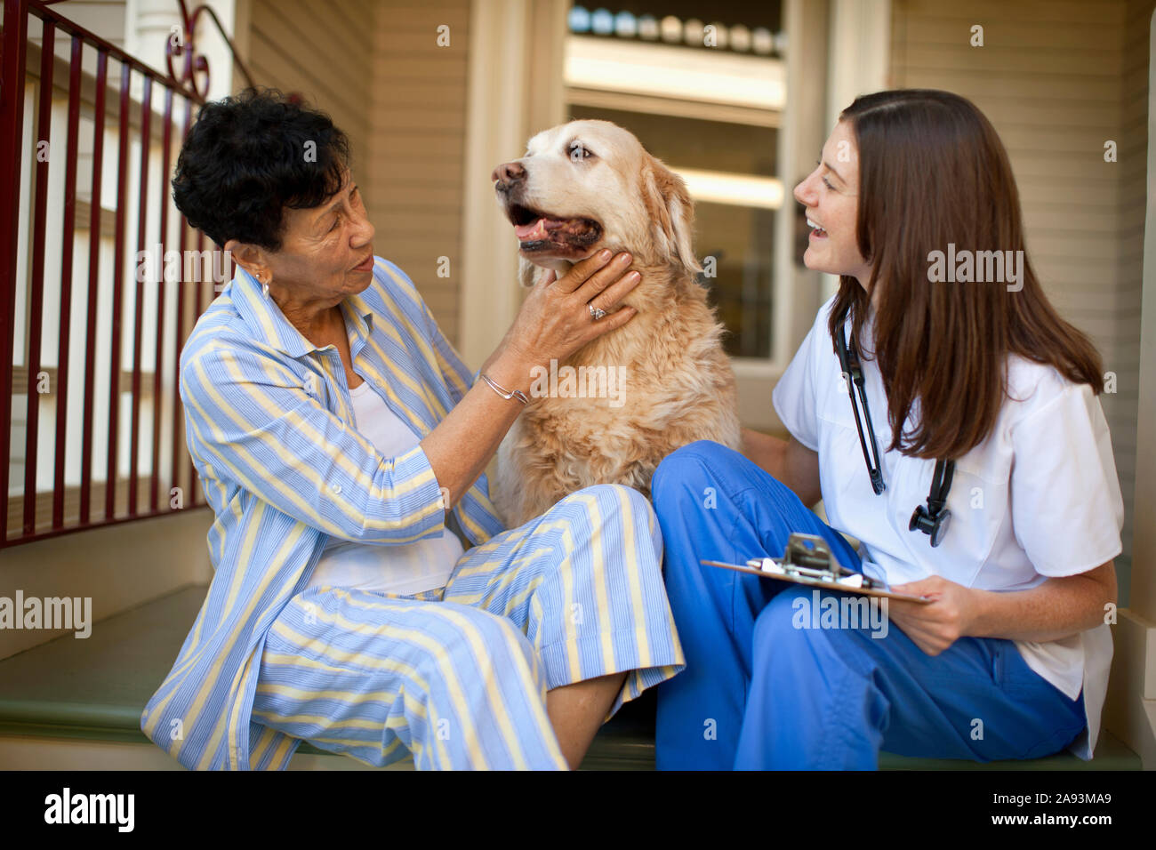 Woman sitting on the stairs with her dog and nurse Stock Photo - Alamy