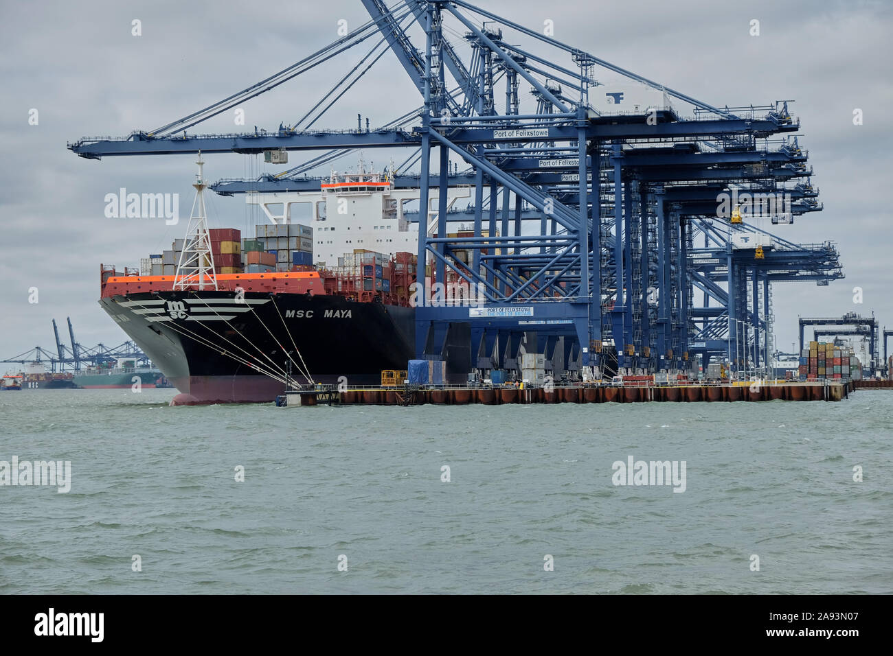 Giant container ship MSC Maya docked at the port of felixstowe with ...