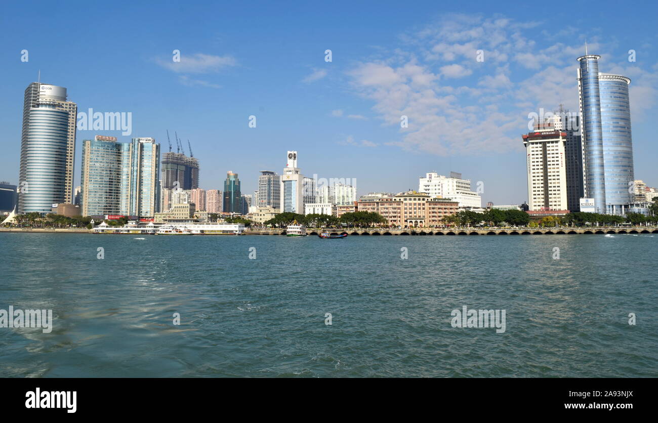 Wide Xiamen city waterfront skyline along East China sea Stock Photo ...