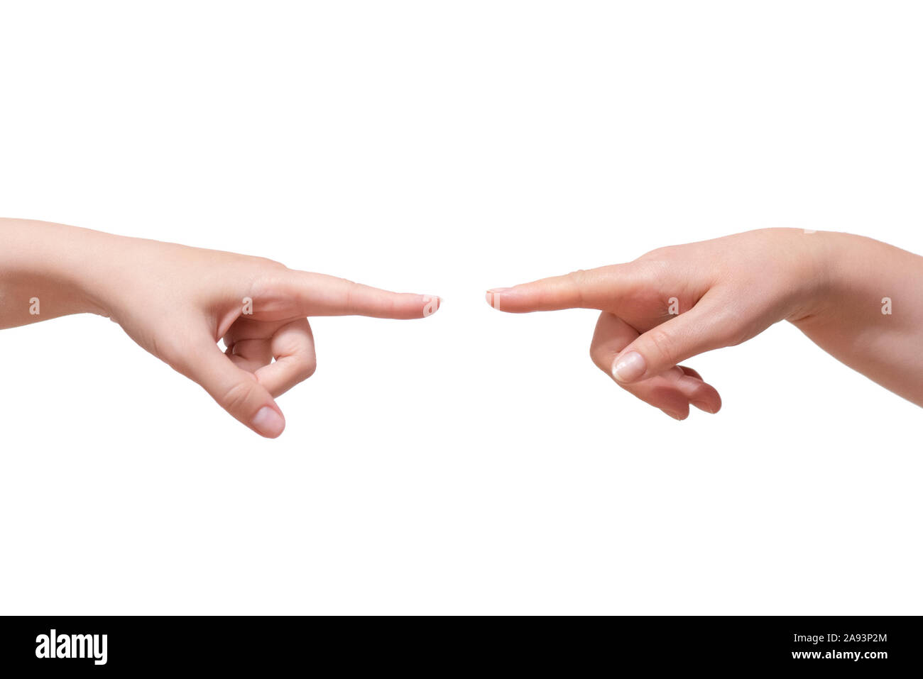 Two female hands is showing by index fingers to each other isolated on ...