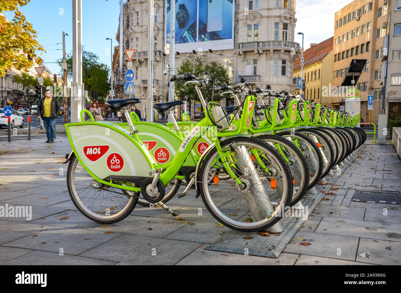 Budapest, Hungary - Nov 6, 2019: Public green bikes for rental in the center of the Hungarian ...