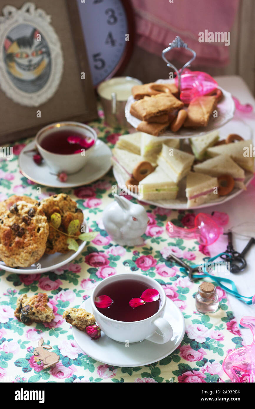 Traditional English tea party in a fabulous decoration. Rustic style ...